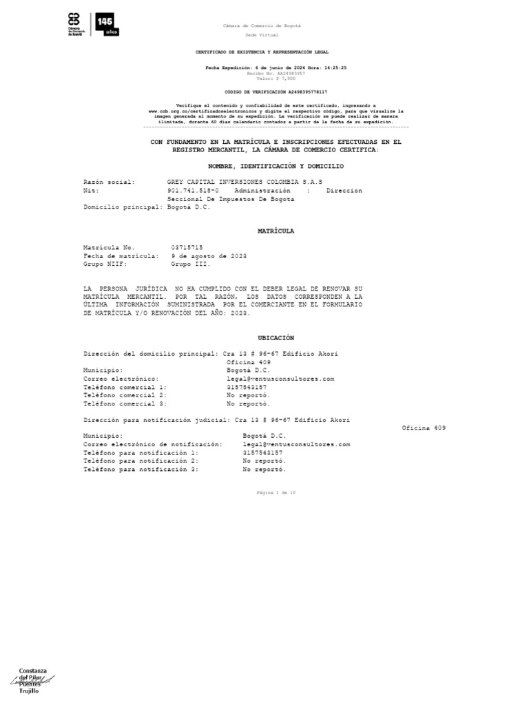 Certificado CCB Grey Capital Inversiones Colombia SAS | PDF | Business | Economias