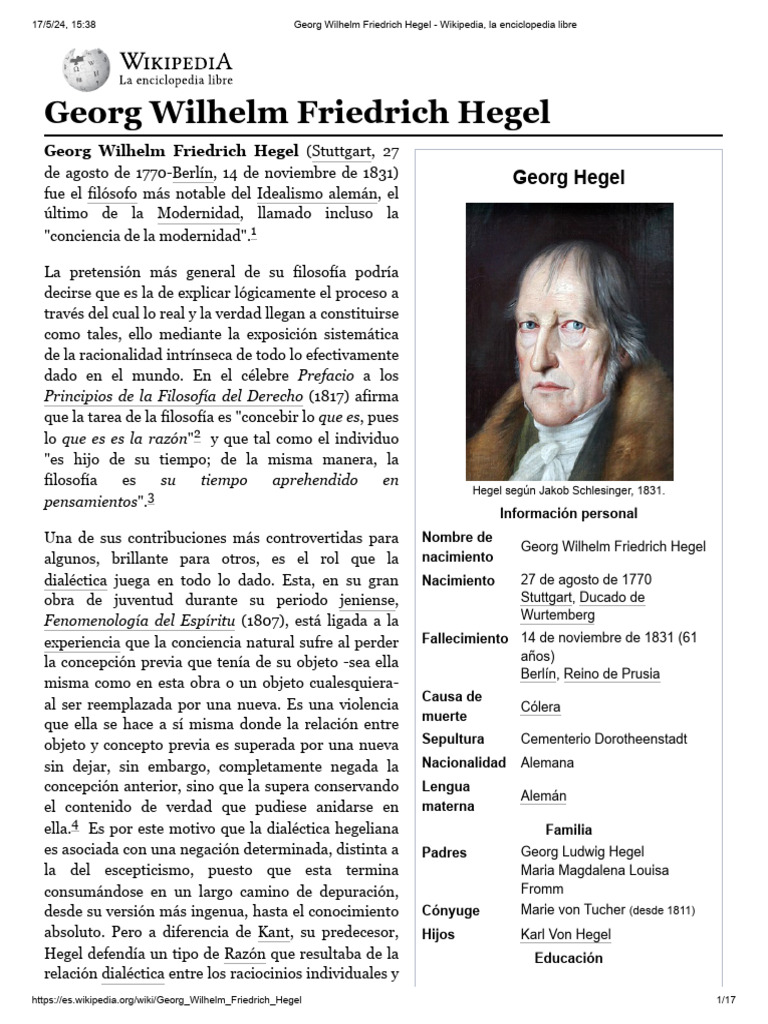 Georg Wilhelm Friedrich Hegel - Wikipedia, La Enciclopedia Libre | Descargar gratis PDF | Georg ...