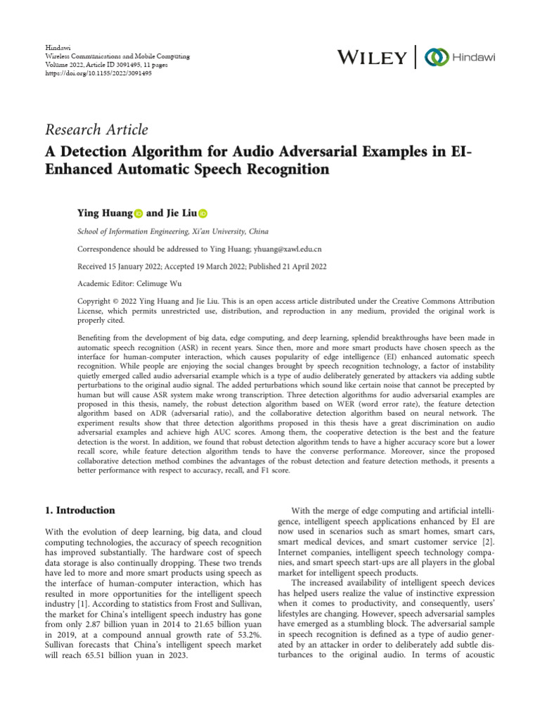 Research Article A Detection Algorithm For Audio Adversarial Examples in EI-Enhanced Automatic ...