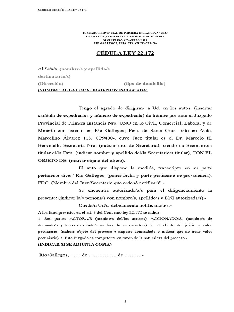 Modelo CD2 - Cedula Ley 22172 | PDF
