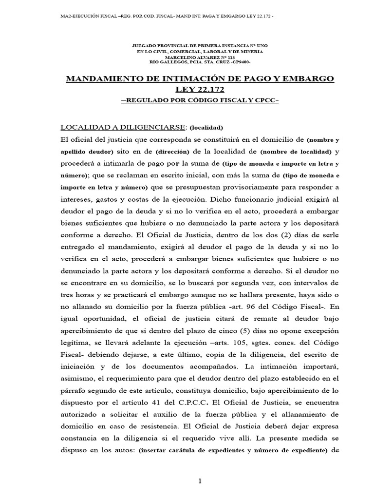Modelo Ma2 - Ejec Fiscal Reg. Por Codigo Fiscal Mand Intimacion Pago y Embargo Ley 22172 | PDF ...
