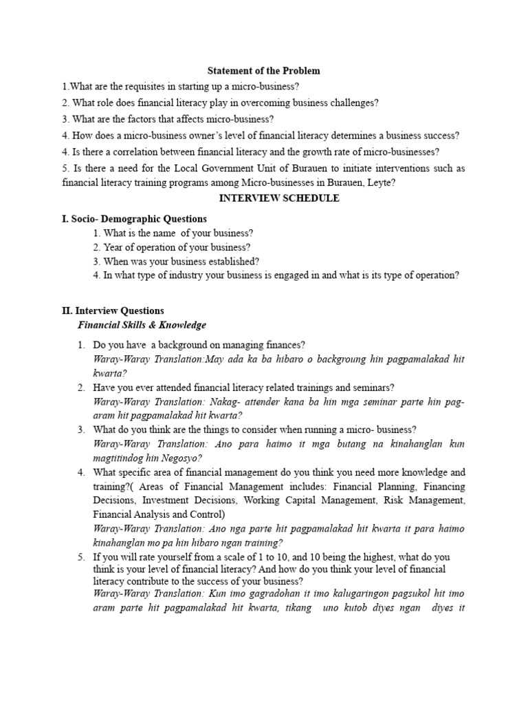 Statement of The Problem: Financial Skills & Knowledge | PDF ...