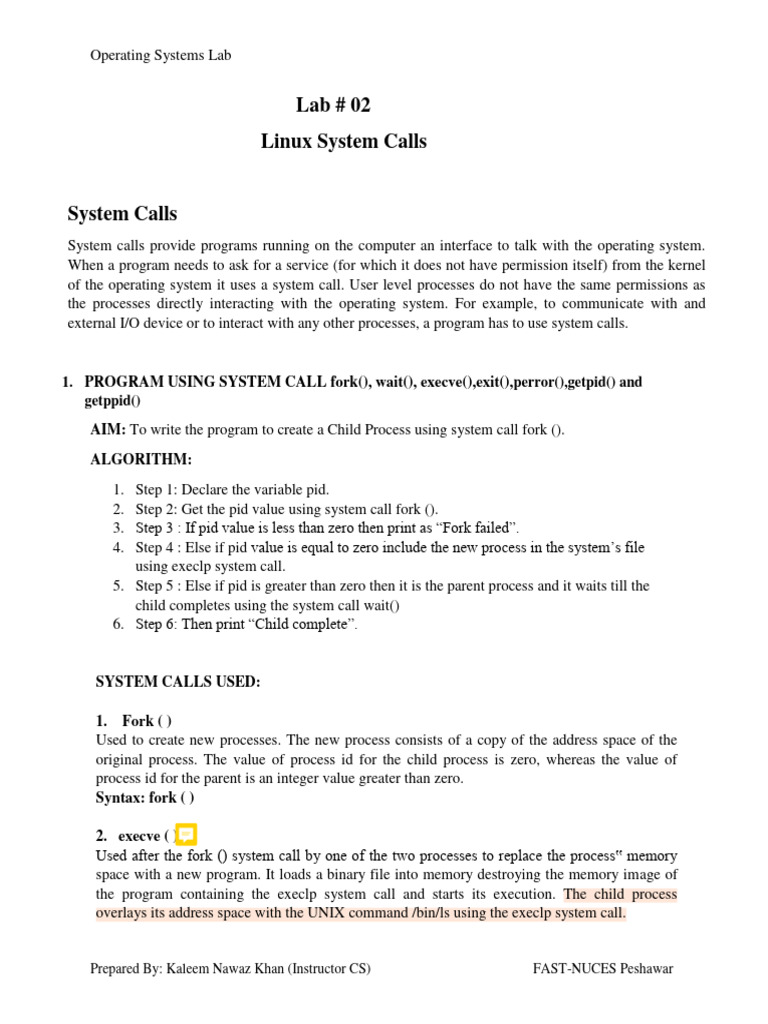 Lab # 02 Linux System Calls: PROGRAM USING SYSTEM CALL Fork, Wait, Execve, Exit | Download Free ...