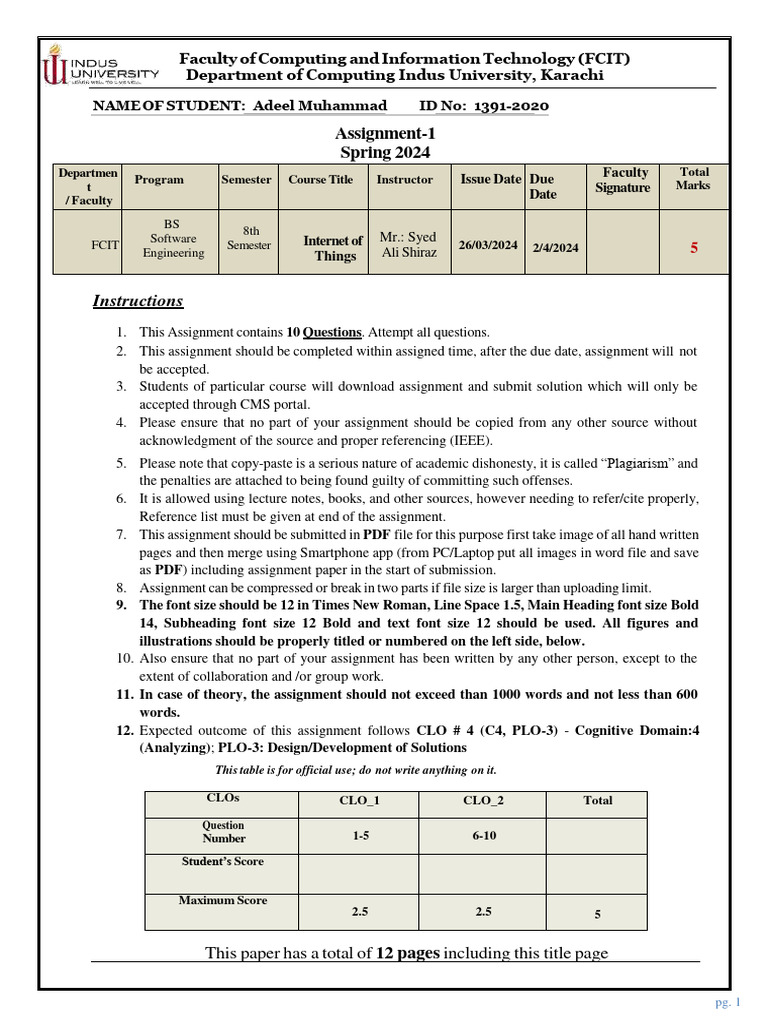 Iot Assignment 01 Adeel Muhammad 1391 2020 Pdf Internet Of Things
