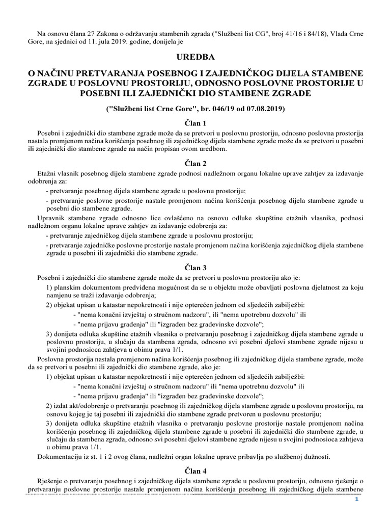 Uredba o Nacinu Pretvaranja Posebnog I Zajednickog Dijela Stambene ...