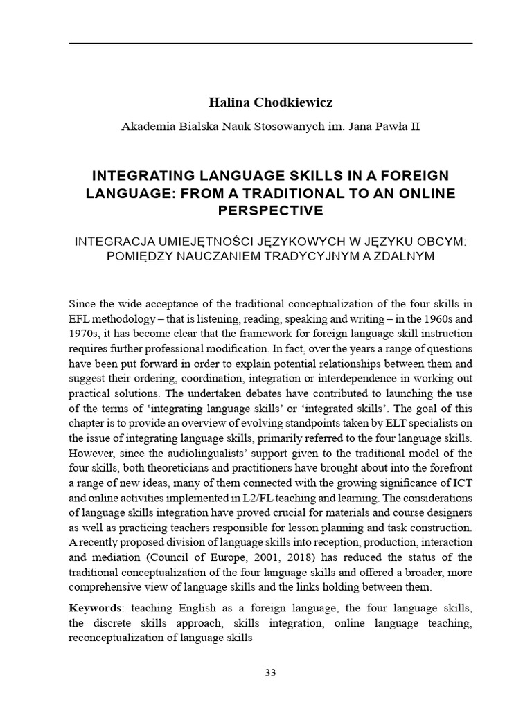 Integrating Language Skills in A Fo | PDF | English As A Second Or ...