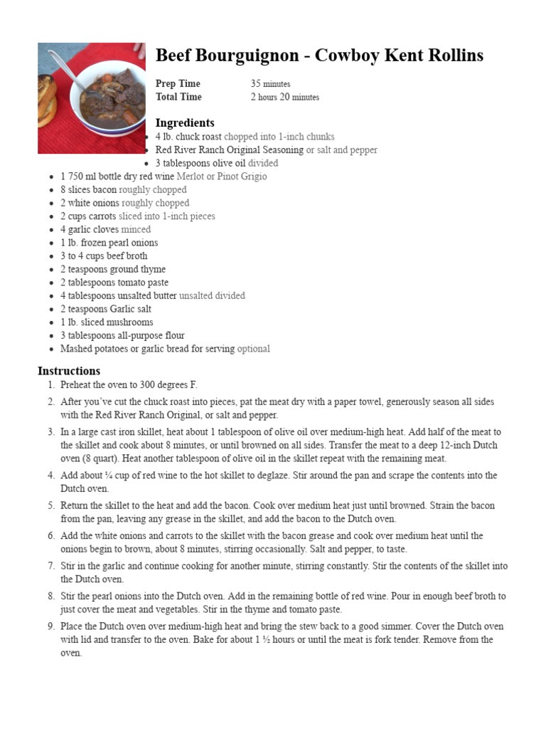 Beef Bourguignon by Cowboy Kent Rollins | PDF | Cooking | Garlic