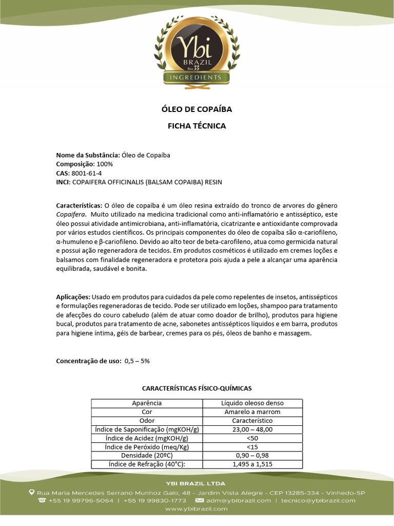 Ficha Técnica - Copaiba - Oleo-Resin | PDF | Bem-estar