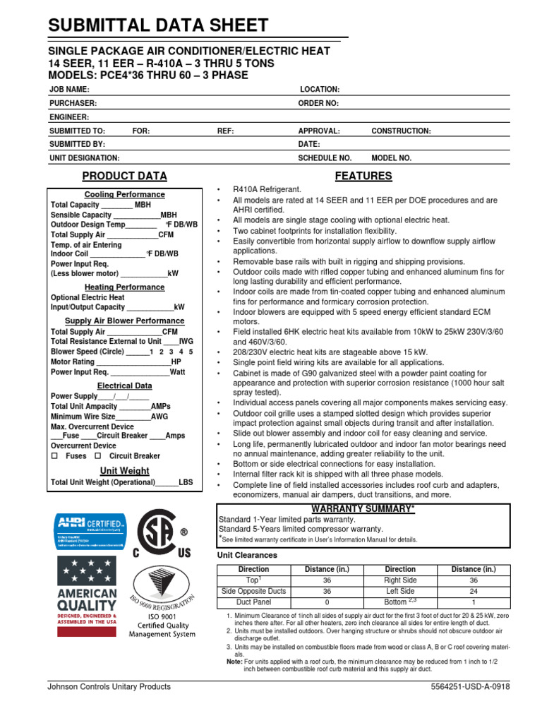 Submittal Data Sheet PCE4 Series 3fases | PDF | Duct (Flow ...