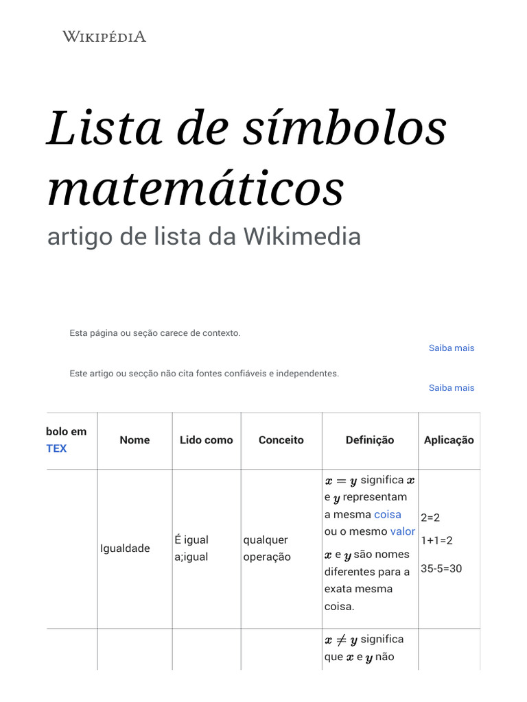 Lista de Símbolos Matemáticos - Wikipédia, A Enciclopédia Livre | PDF ...