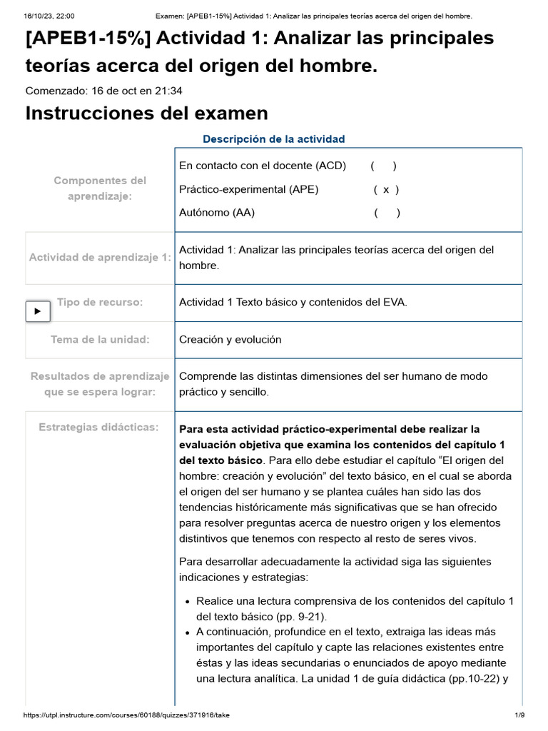 Examen - (APEB1-15%) Actividad 1 - Analizar Las Principales Teorías Acerca Del Origen Del Hombre ...