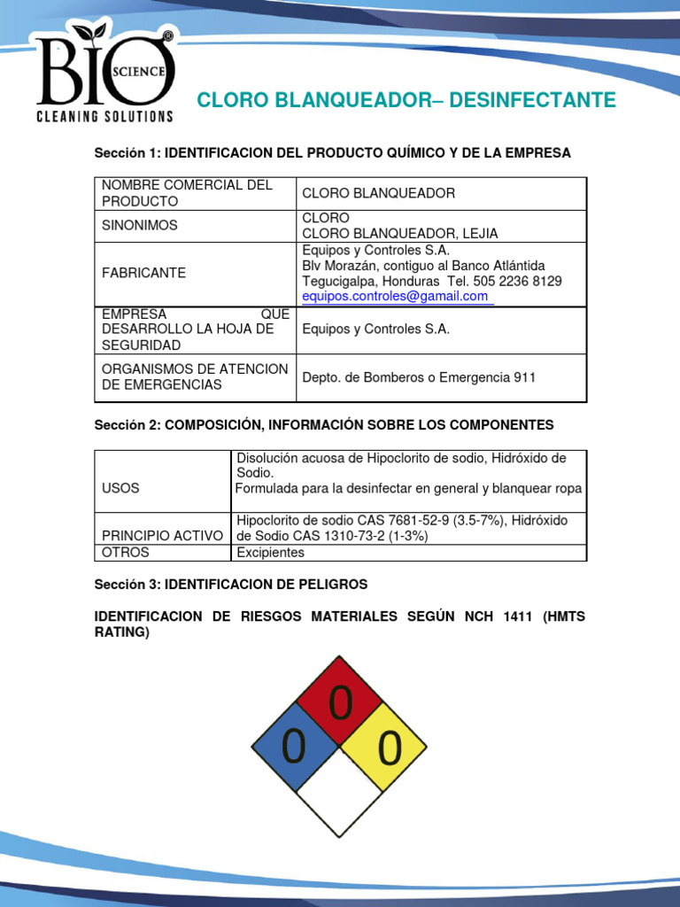 Hoja De Seguridad Cloro Blanqueador Descargar Gratis Pdf