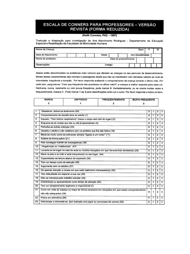 Escala Conners Profs Educadores | PDF
