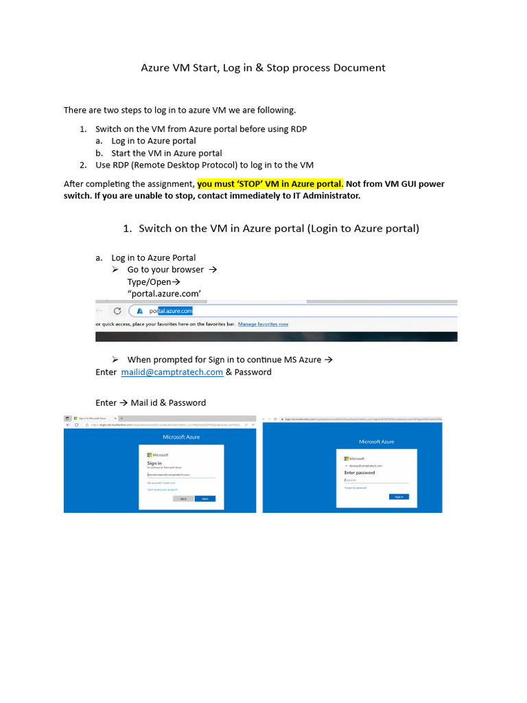 Azure VM Start, Log in & Stop Document | Download Free PDF | Login | Computer Science