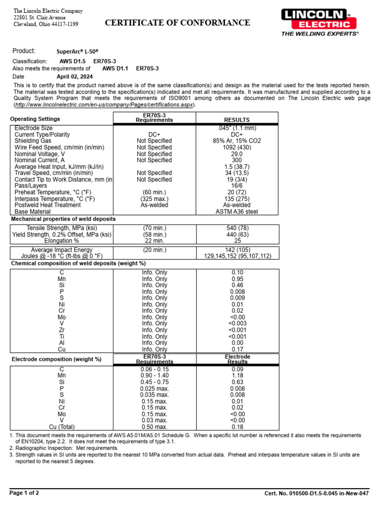 Certificate of Conformance: Superarc® L-50® | PDF | Welding | Construction