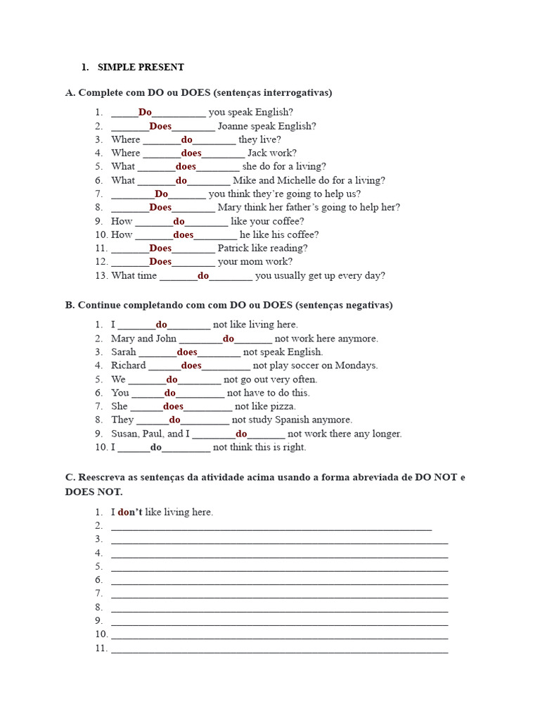 Atividade respondida: DO e DOES | PDF