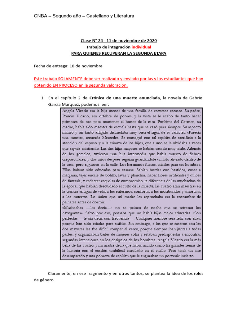 Trabajo Final Cronica de Una Muerte Anunciada - La Casa de Bernarda ...