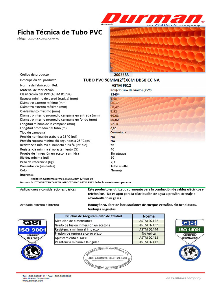 Ficha Técnica Tubo PVC 50mm DB60 | PDF | Cloruro de polivinilo | Materiales