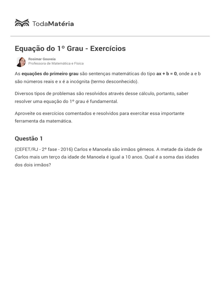 Equação Do 1º Grau - Exercícios Comentados e Resolvidos - Toda Matéria ...
