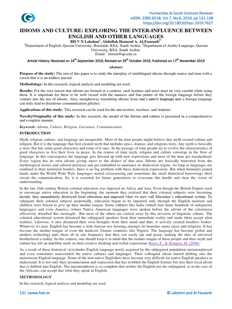 Idioms and Culture: Exploring The Inter-Influence Between English and ...