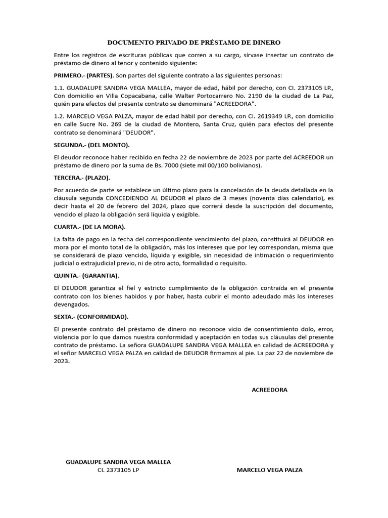 Documento Privado de Préstamo de Dinero | Descargar gratis PDF | Pagos | Derecho empresarial