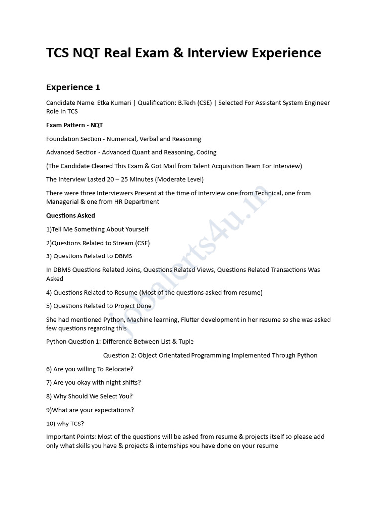 TCS NQT Real Interview Experenices | PDF | Databases | Sql