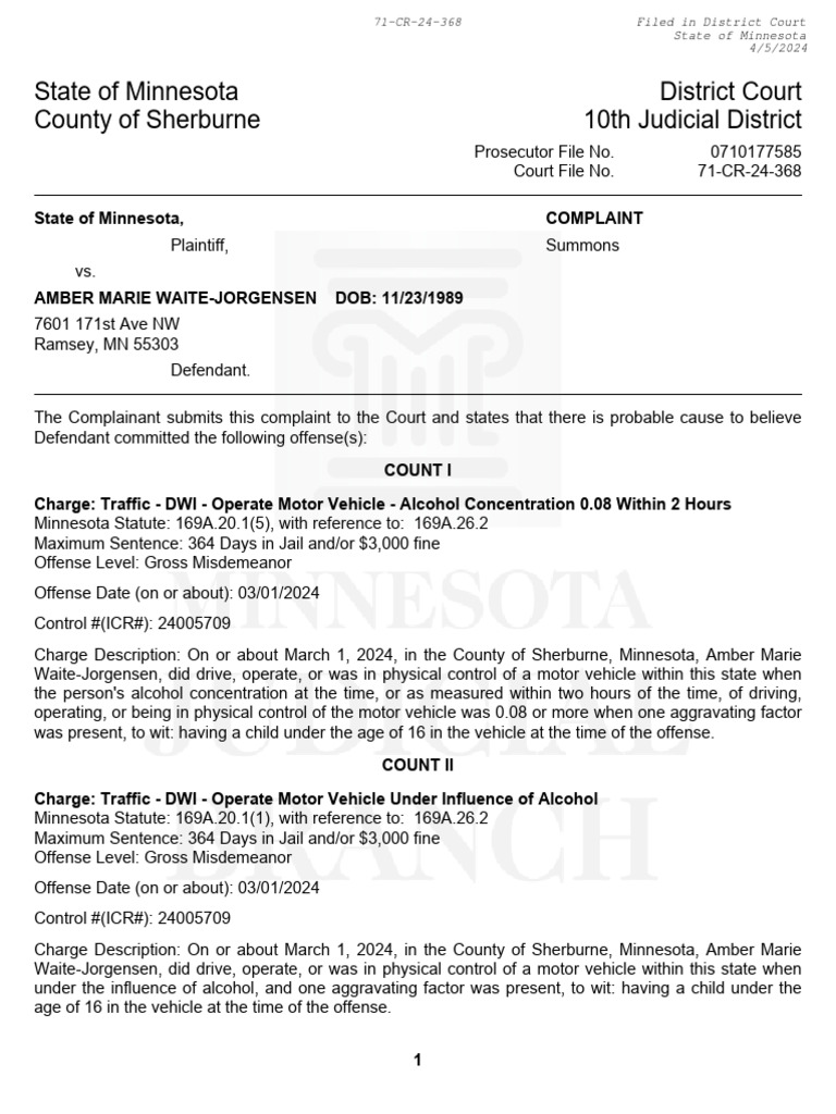 DWI Charges Against Amber Waite-Jorgensen | PDF | Driving Under The ...