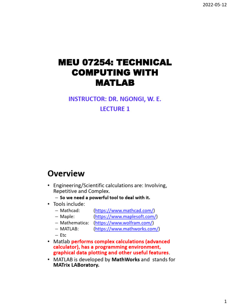 MEU 07254 Technical Computing with Matlab | PDF | Matrix (Mathematics) | Matlab