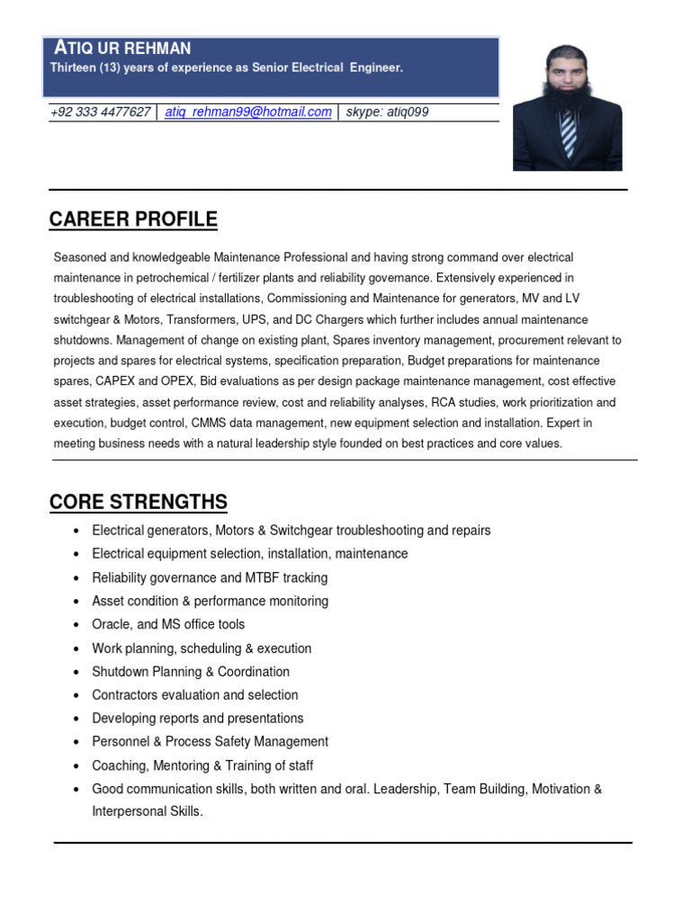Senior Electrical Engineer Profile | PDF | Reliability Engineering ...
