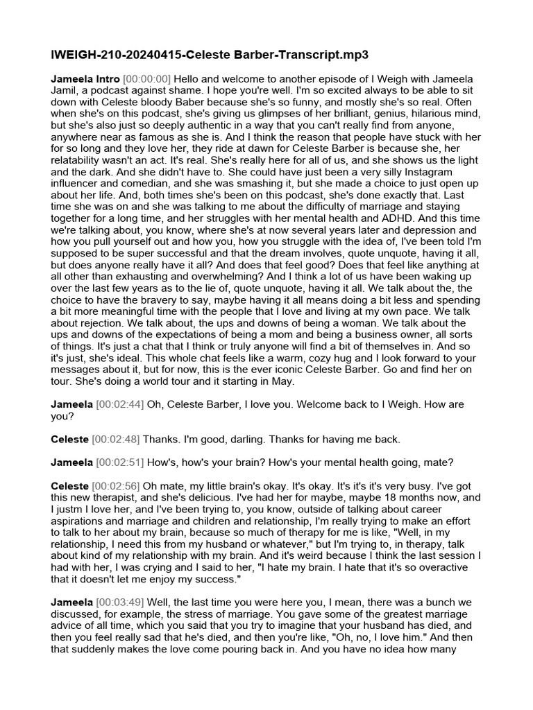 IWEIGH 210 20240415 Celeste Barber Transcript | PDF | Attention Deficit ...