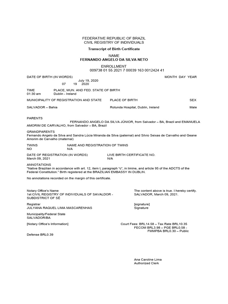 CERTIDAO DE NASCIMENTO JE-English | PDF | Birth Certificate | Civil Law (Common Law)