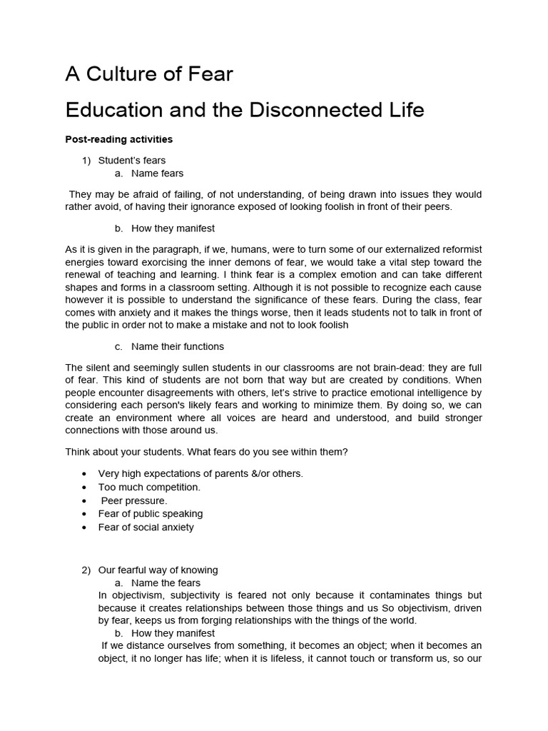 2 - Culture of Fear - Parker J Palmer | PDF | Fear | Emotions