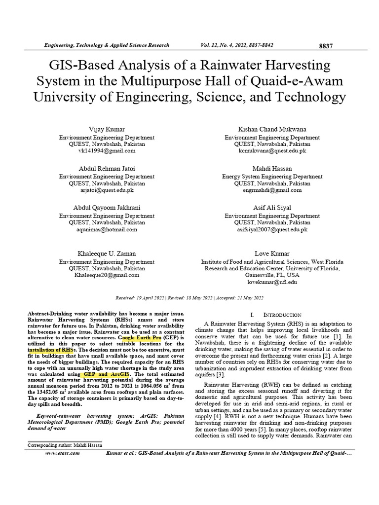 GIS-Based Analysis of A Rainwater Harvesting System in The Multipurpose Hall of Quaid-e-Awam ...