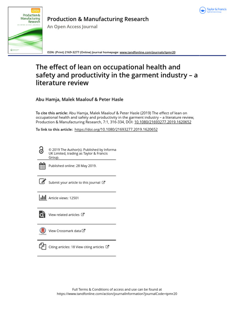 The effect of lean on occupational health and safety and productivity in the garment industry a ...