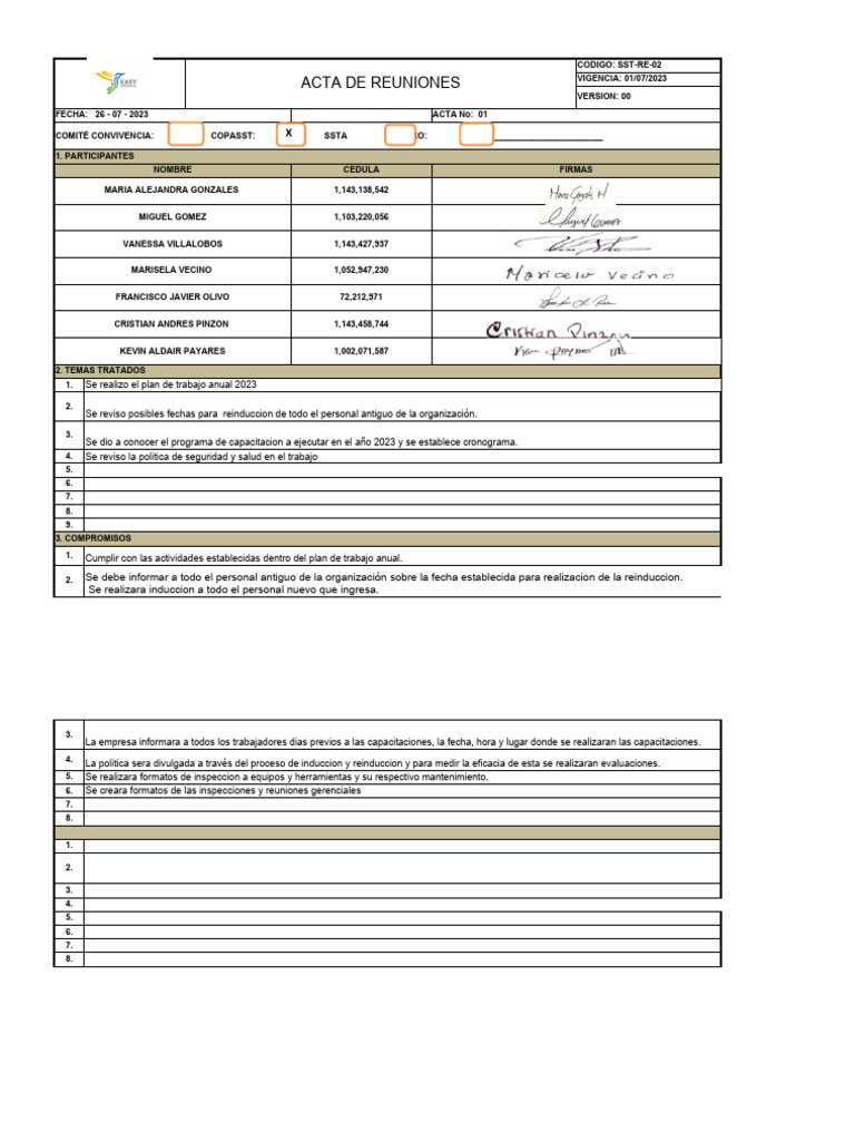 Acta de Reunion COPASST 2023 | PDF
