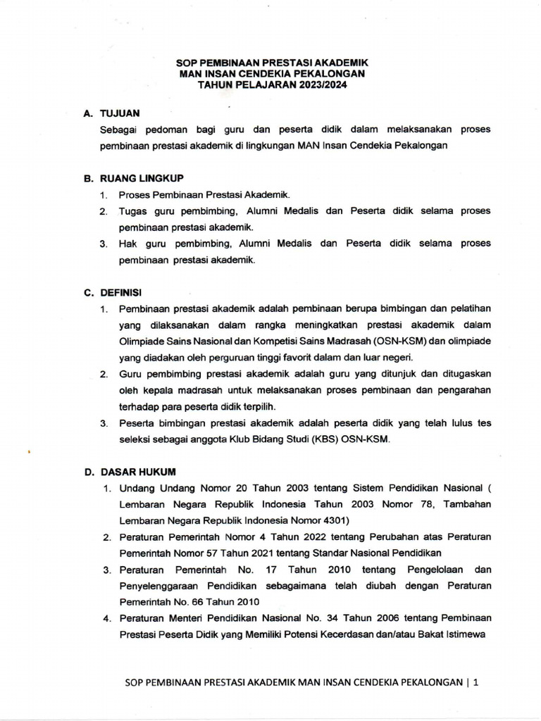 SOP PEmbinaan Prestasi Akademik TP. 2023-2024 | PDF