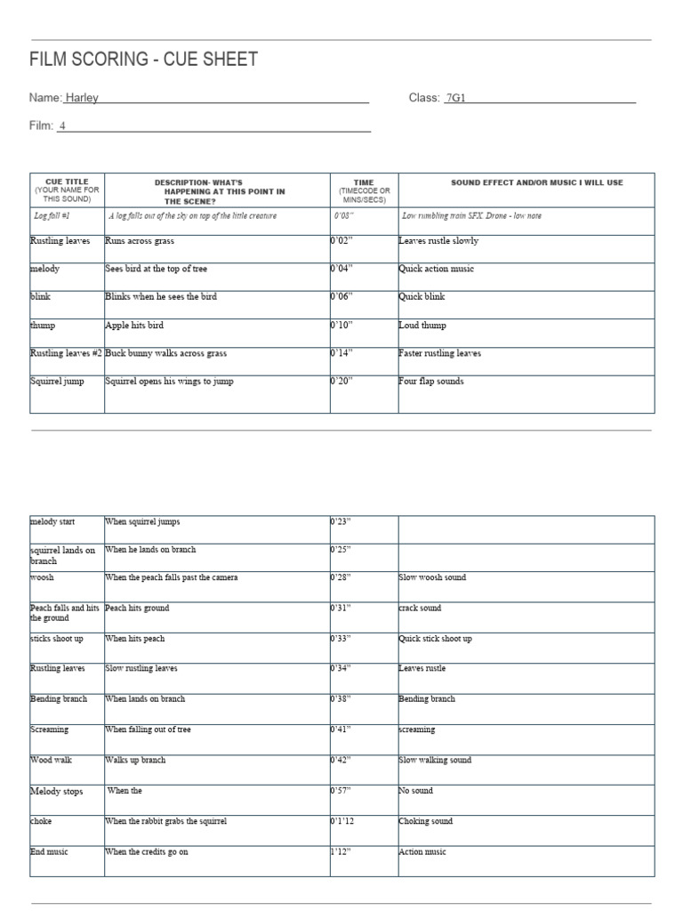 Film Scoring Timeline & Cue Sheet | PDF