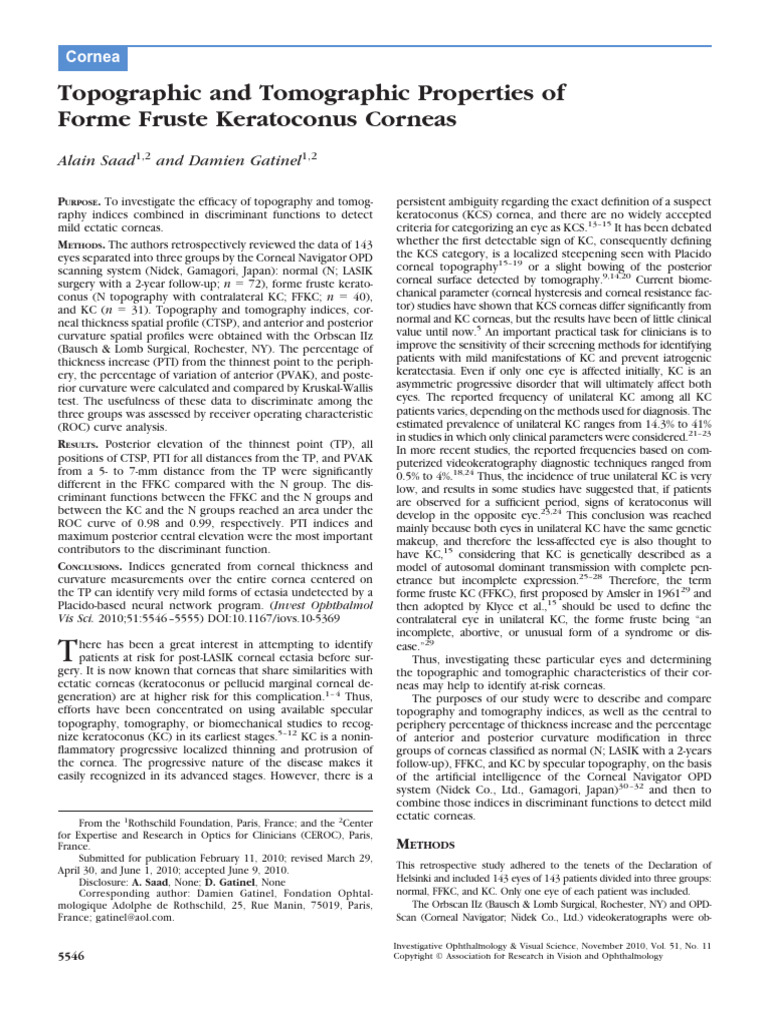 Topographic and Tomographic Properties of FFKC Saad Gatinel IOVS | PDF | Cornea | Ophthalmology