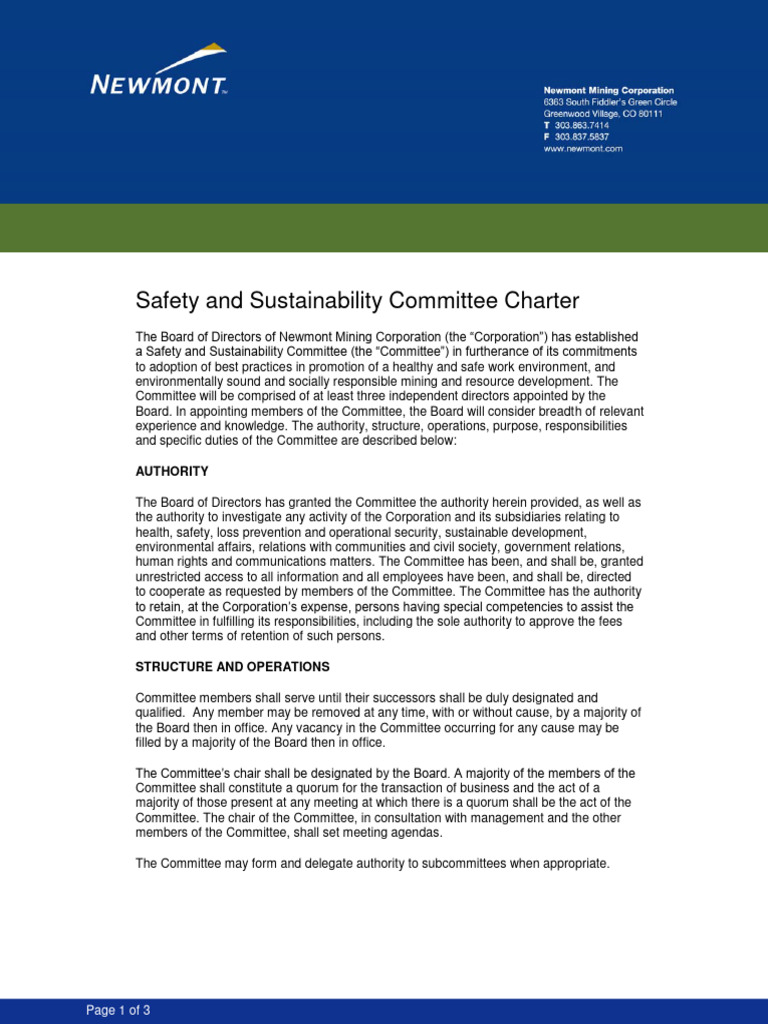 Safety and Sustainability Committee Charter | PDF | Safety | Regulatory ...