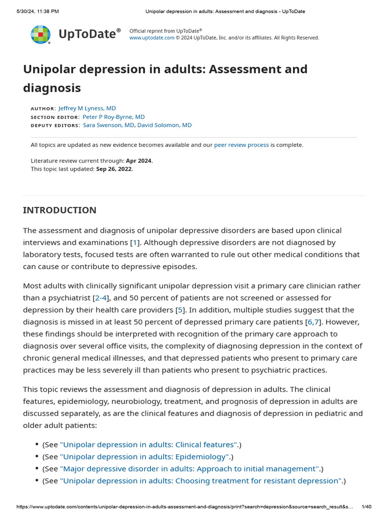 Unipolar Depression in Adults - Assessment and Diagnosis - UpToDate ...