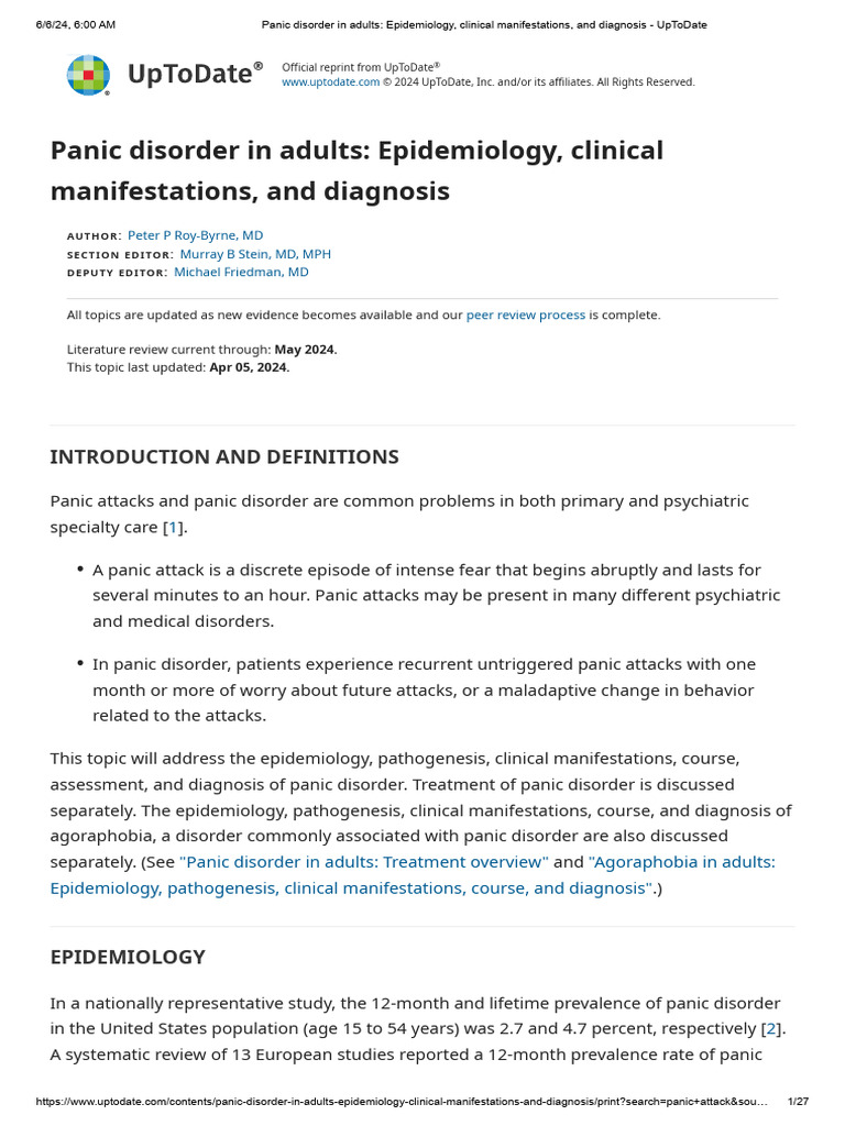 Panic disorder in adults_ Epidemiology, clinical manifestations, and diagnosis - UpToDate | PDF ...