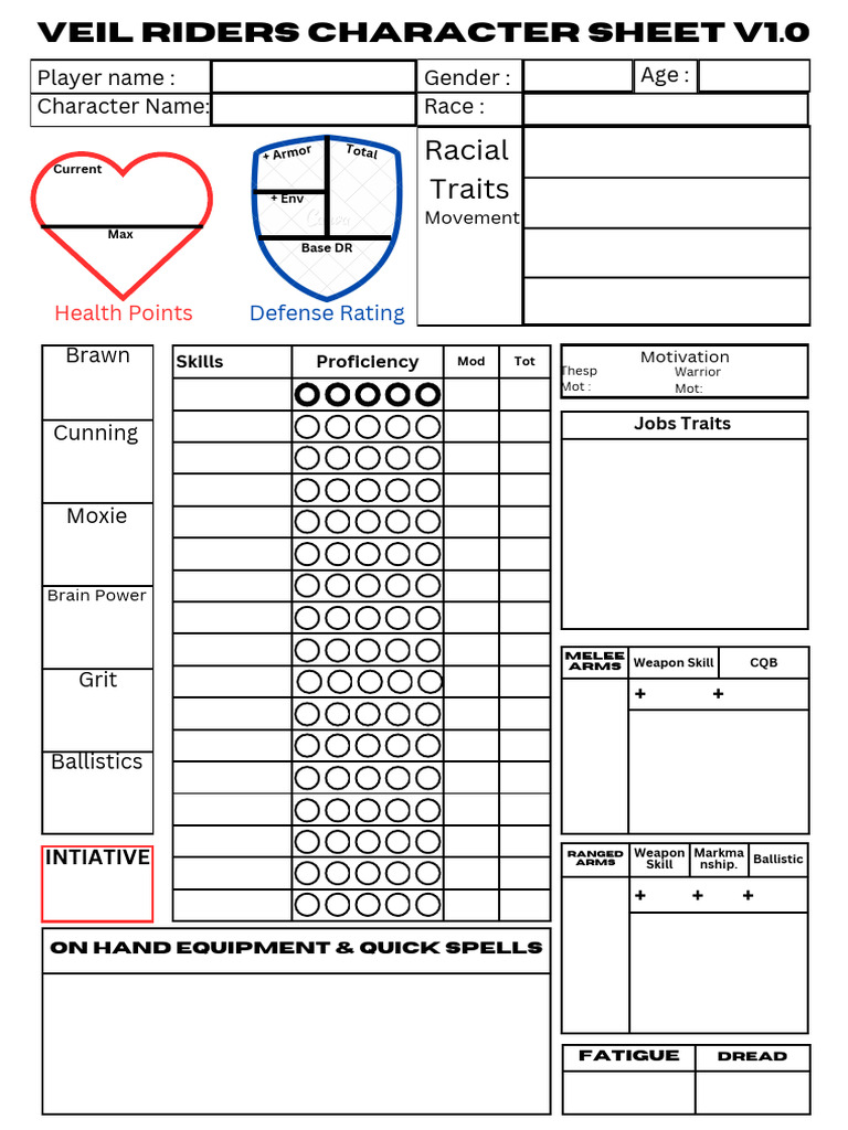 Veil Riders Character Sheet V1.0 | PDF | Ballistics | Projectile Weapons