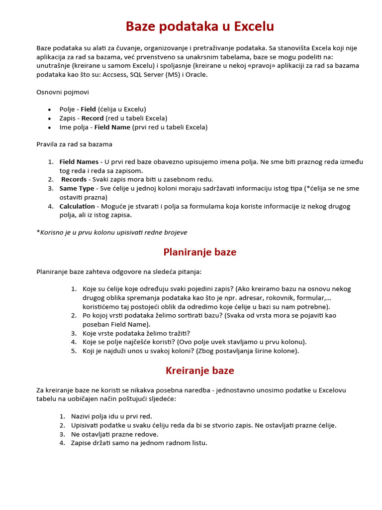 Baze Podataka U Excelu | PDF