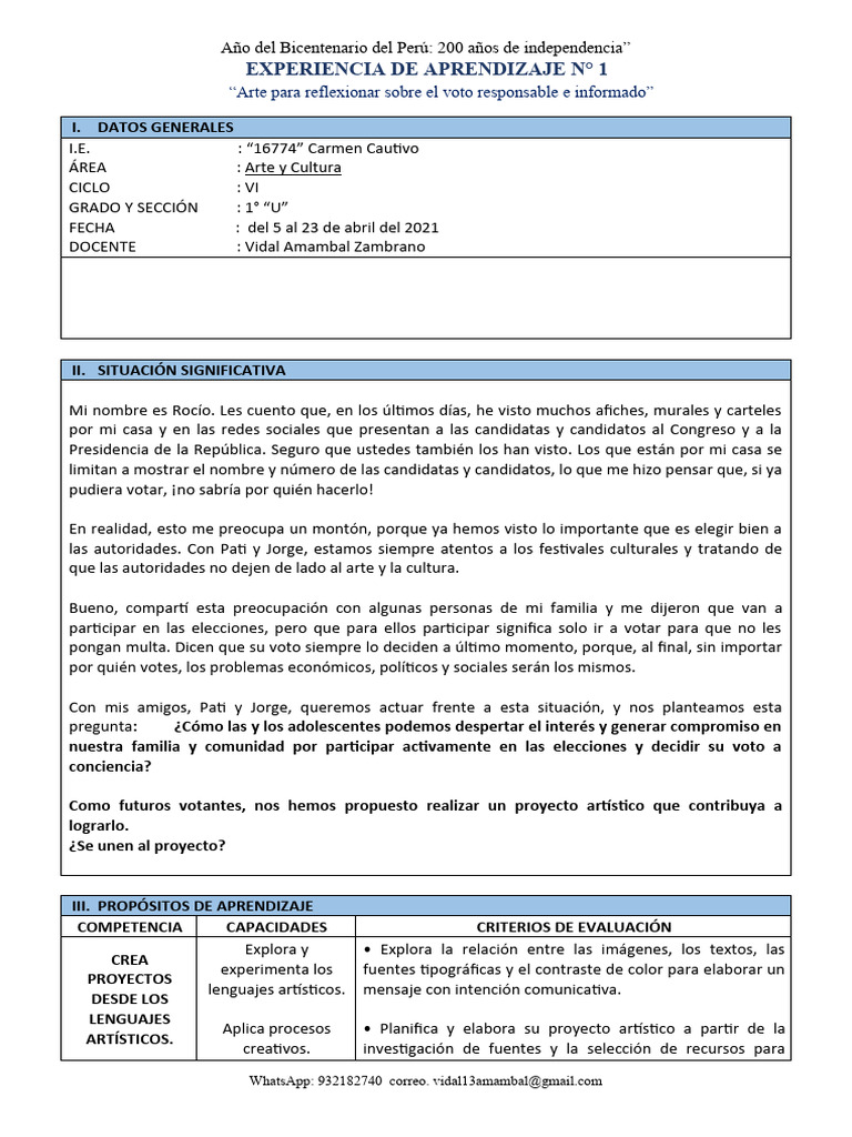 1° EXPERIENCIA DE APRENDIZAJE N° 1 - ARTE Y CULTURA | PDF | Evaluación