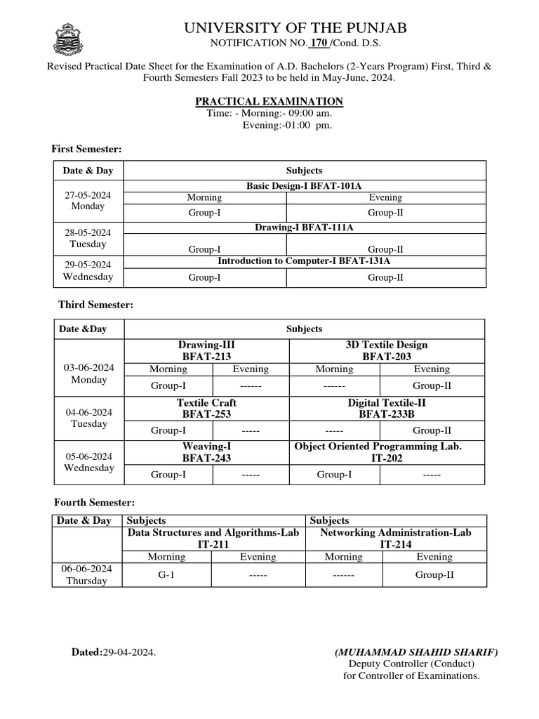 Revised Practical Date Sheet For The Examination of AD Bachelors 2 Yea84453 | PDF