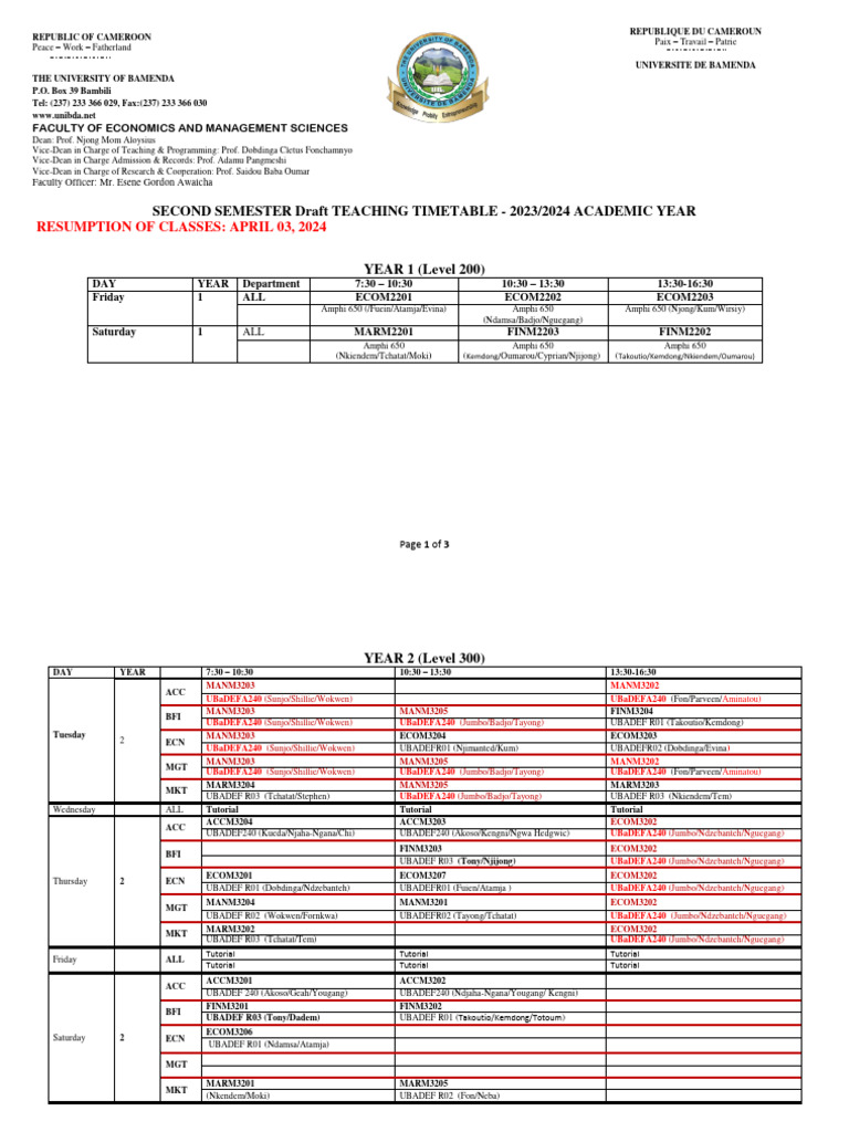 Ug Draft Second Semester Timetable 2024 - Rev | PDF