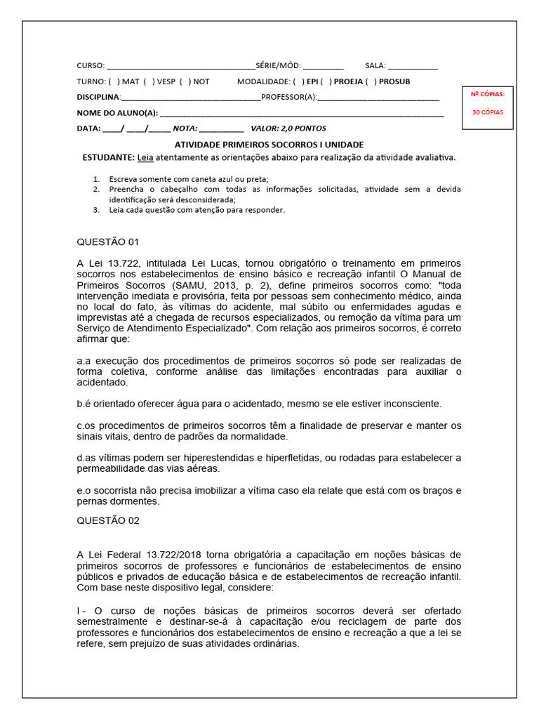 Atividade Primeiros Socorros Lei Lucas | PDF | Desenvolvimento profissional | Primeiros socorros
