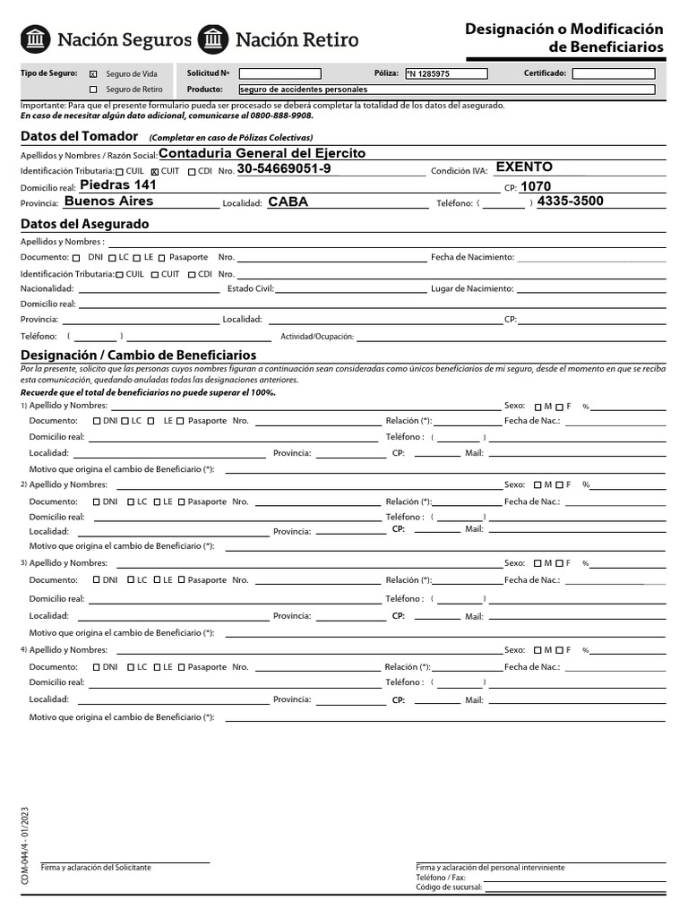 Formulario Designacion Beneficiarios Reservistas | PDF | Documento de identidad | Póliza de seguros