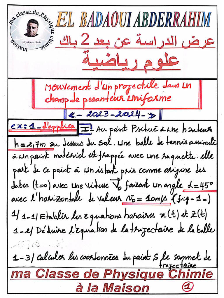 Projectile Deuxième Bac Sc Math Prof El Badaoui | PDF