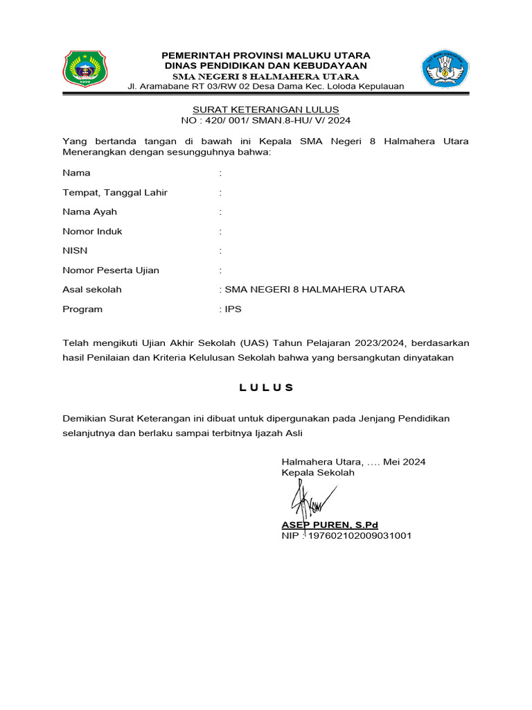 Surat Keterangan Lulus SMA Halmahera | PDF